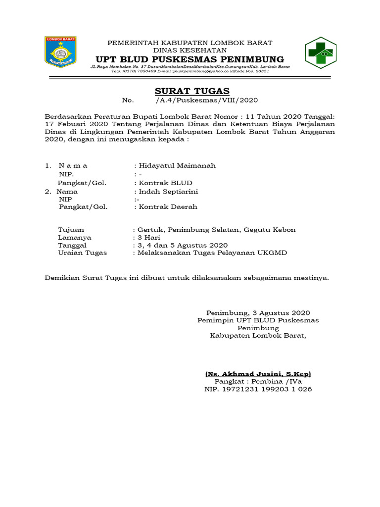 Surat Tugas Bok 2020 Ukgmd 1 | PDF