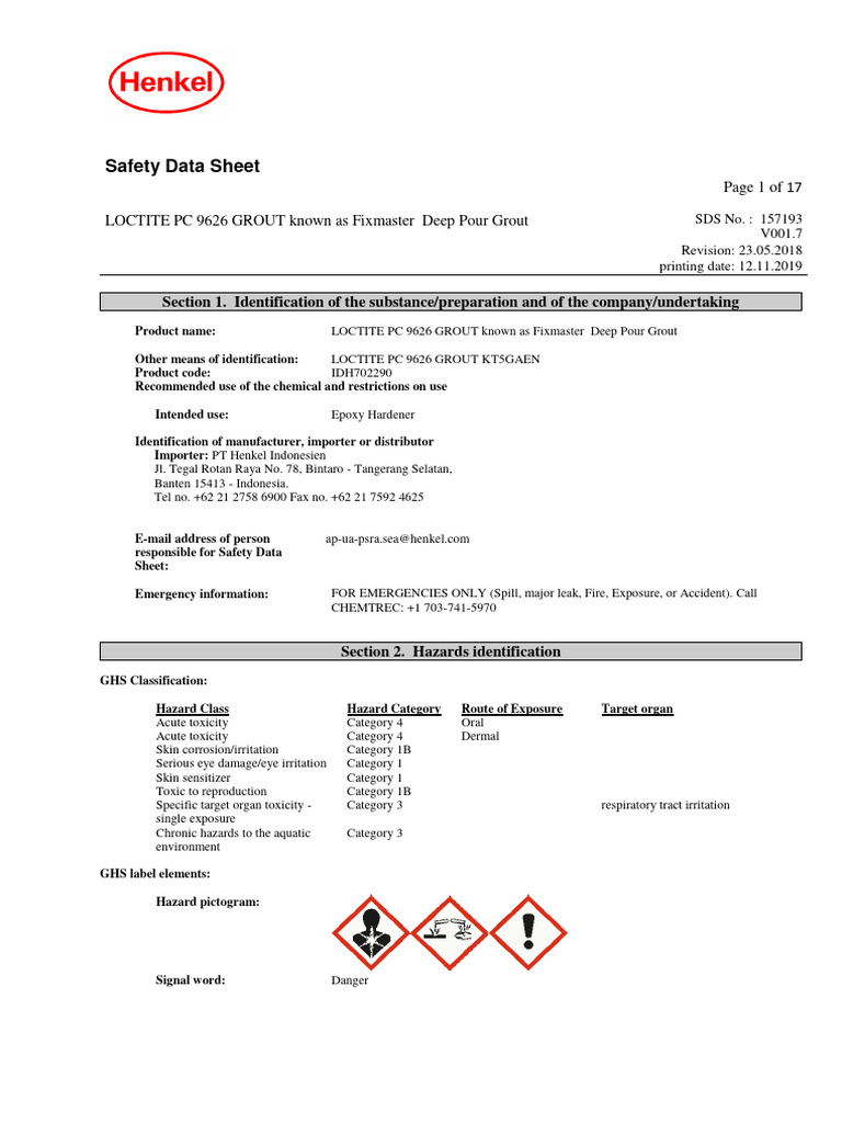 MSDS Loctite LOCTITE PC 9626 Fixmaster Deep Pour Grout - Hardener | PDF | Firefighting | Toxicity