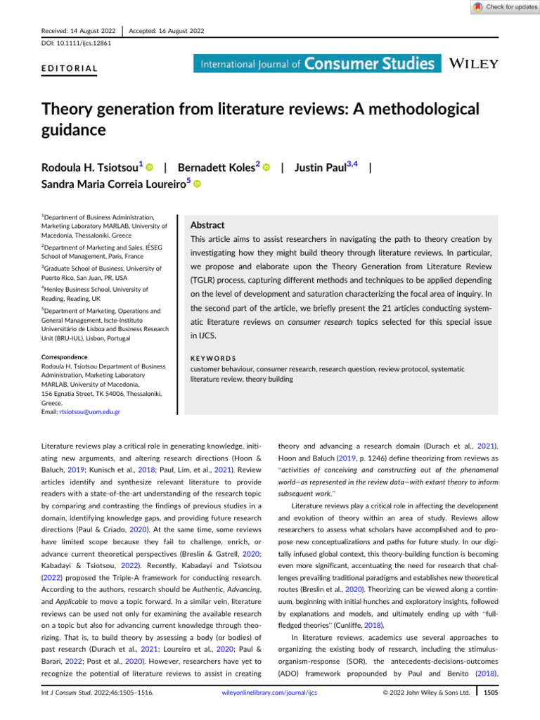 Int J Consumer Studies - 2022 - Tsiotsou - Theory Generation From Literature Reviews A ...