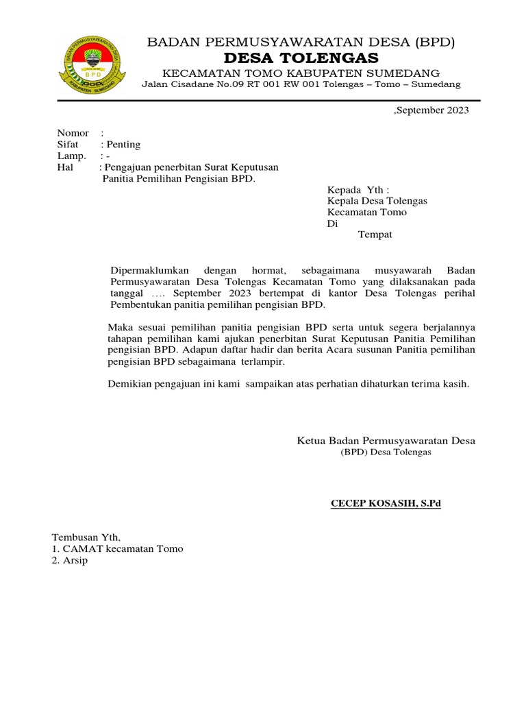 Pengajuan Penerbitan Surat Keputusan Panitia Pemilihan Pengisian BPD ...