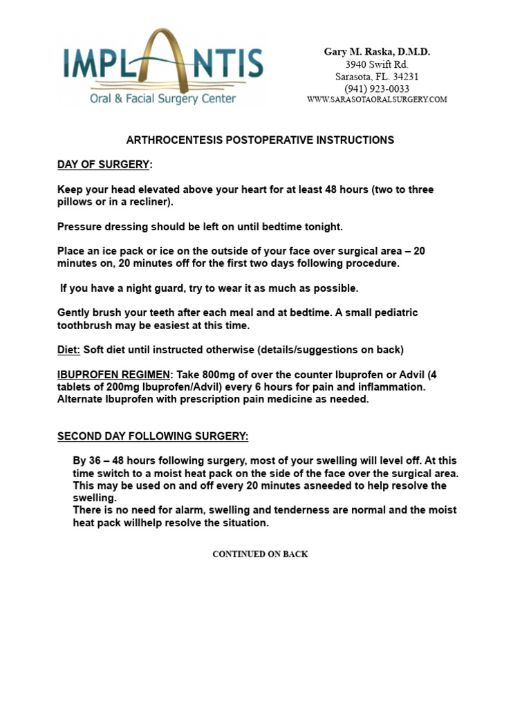 Arthrocentesis Postoperative Instructions | PDF