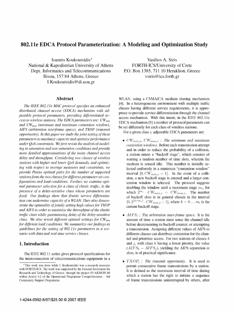 802.11e EDCA Protocol Parameterization - A Modeling and Optimization Study | PDF | Ieee 802.11 ...