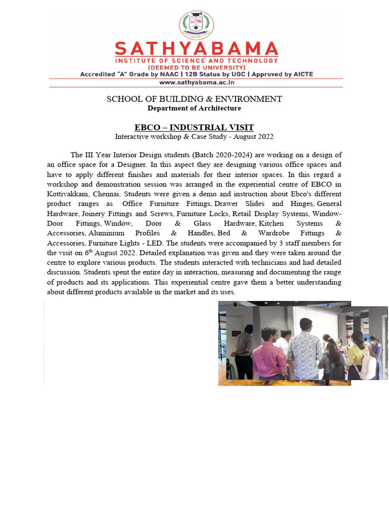 EBCO Industrial Visit for Interior Design Students | PDF