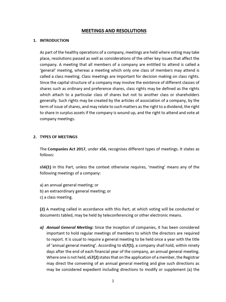 Meetings and Resolutions | PDF | Proxy Voting | Articles Of Association