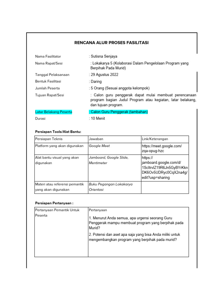 M3. Contoh Rencana Alur Proses Fasilitasi Daring | PDF