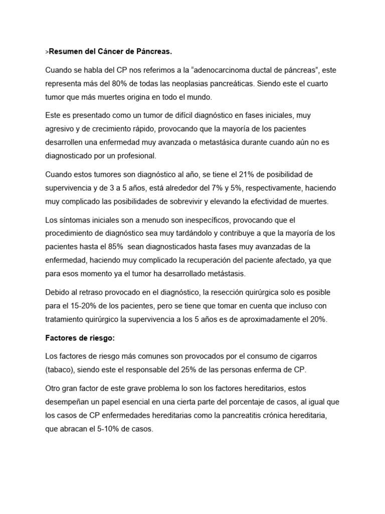 Resumen Del Cáncer de Páncreas | PDF | Cáncer de páncreas | Ciencias de ...