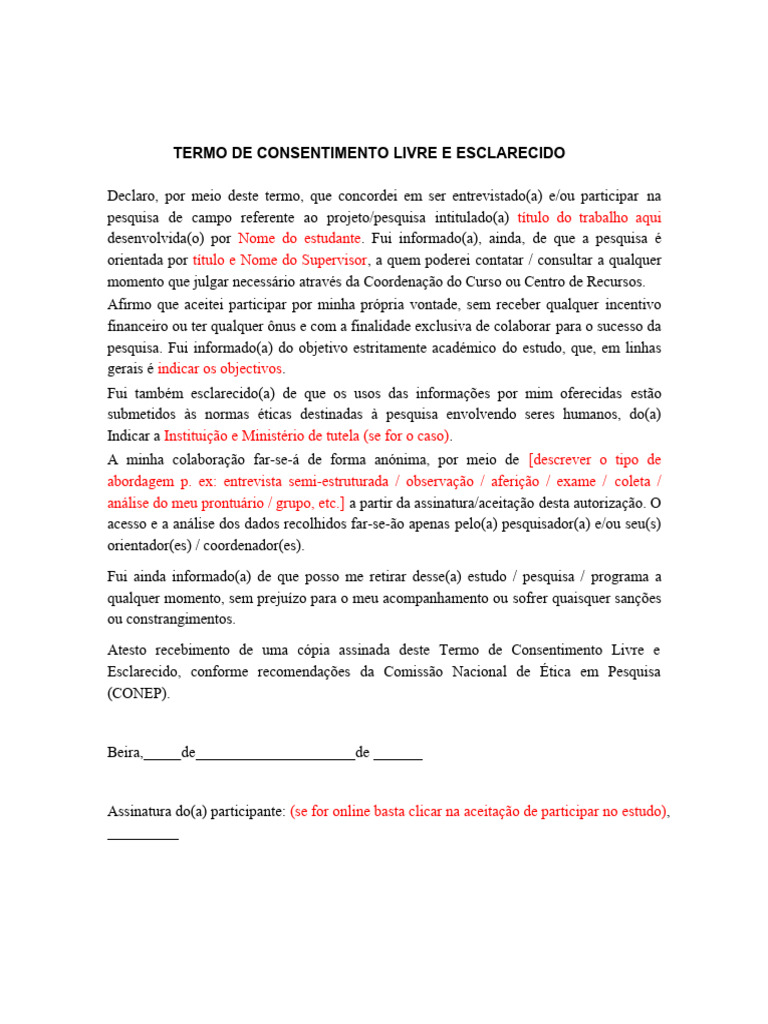 Modelo Template Termo de Consentimento Livre e Esclarecido | PDF ...