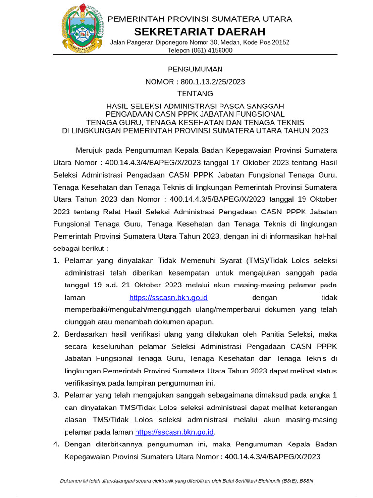 Pengumuman Hasil Seleksi Administrasi Pasca Sanggah | PDF