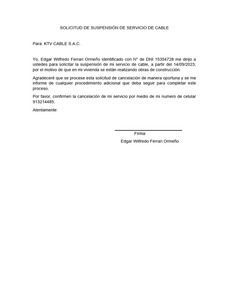Solicitud de Suspensión de Servicio de Cable | PDF