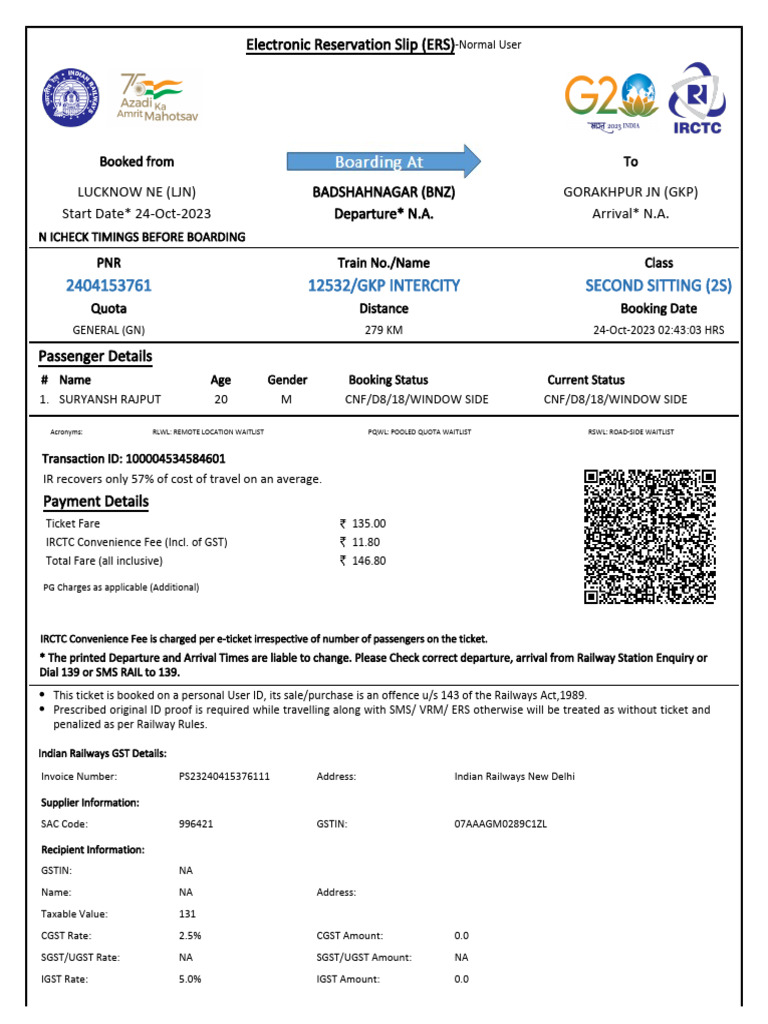 12532/Gkp Intercity Second Sitting (2S) | PDF