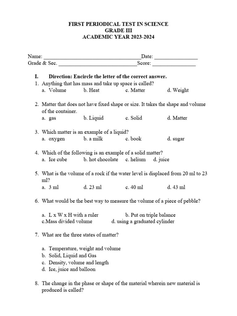 SCIENCE 3 First QUARTER Exam | PDF | Volume | Liquids