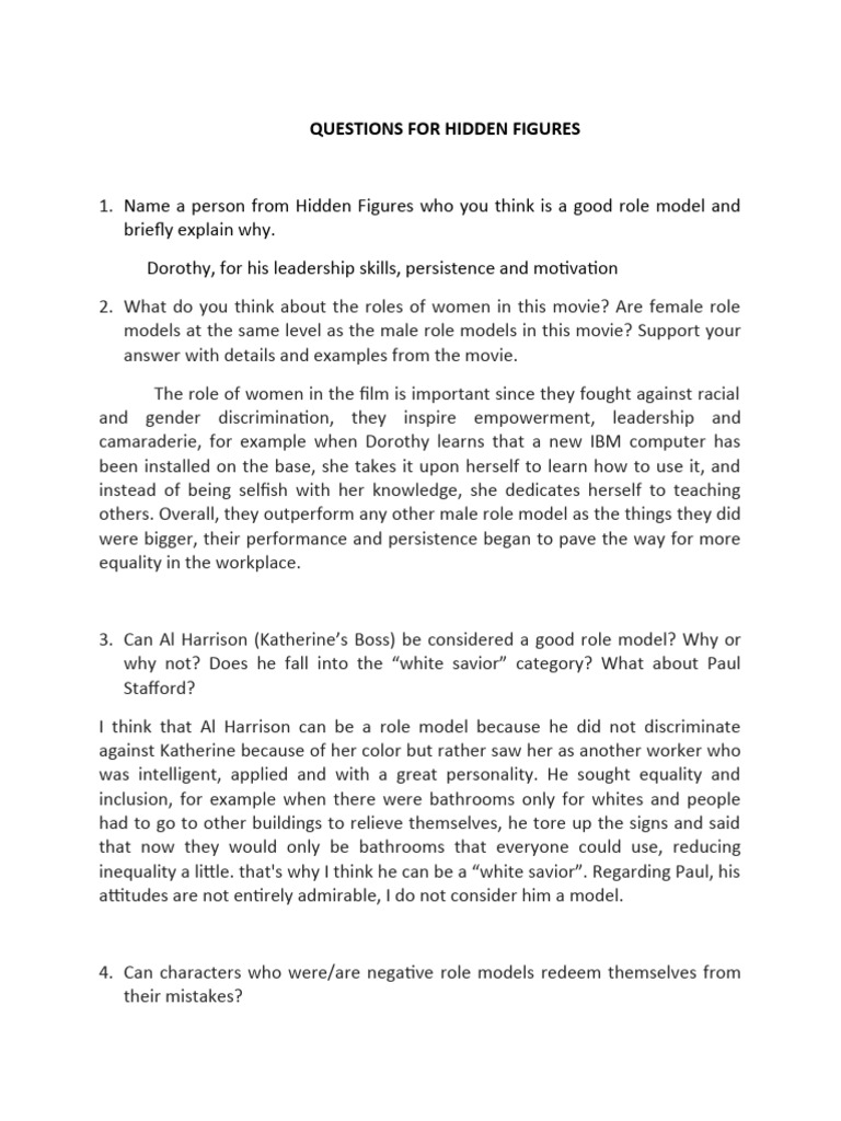 Questions on Hidden Figures Role Models | PDF