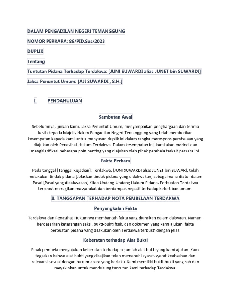 Duplik 86 Pidsus | PDF