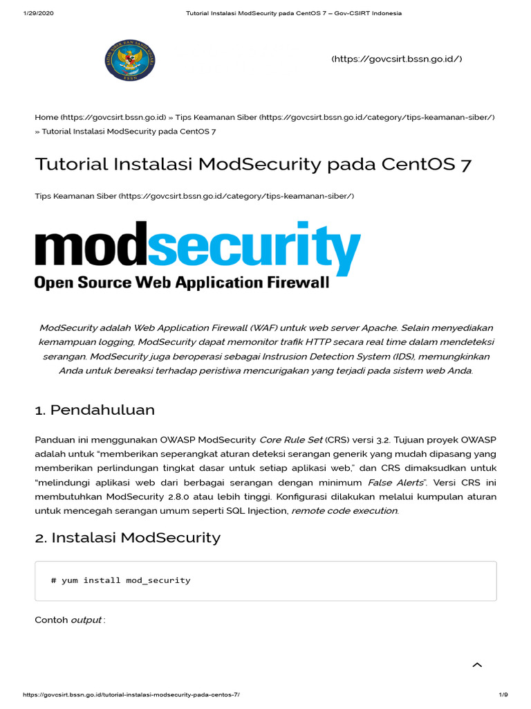 Tutorial Instalasi ModSecurity Pada CentOS 7 - Gov-CSIRT Indonesia | PDF