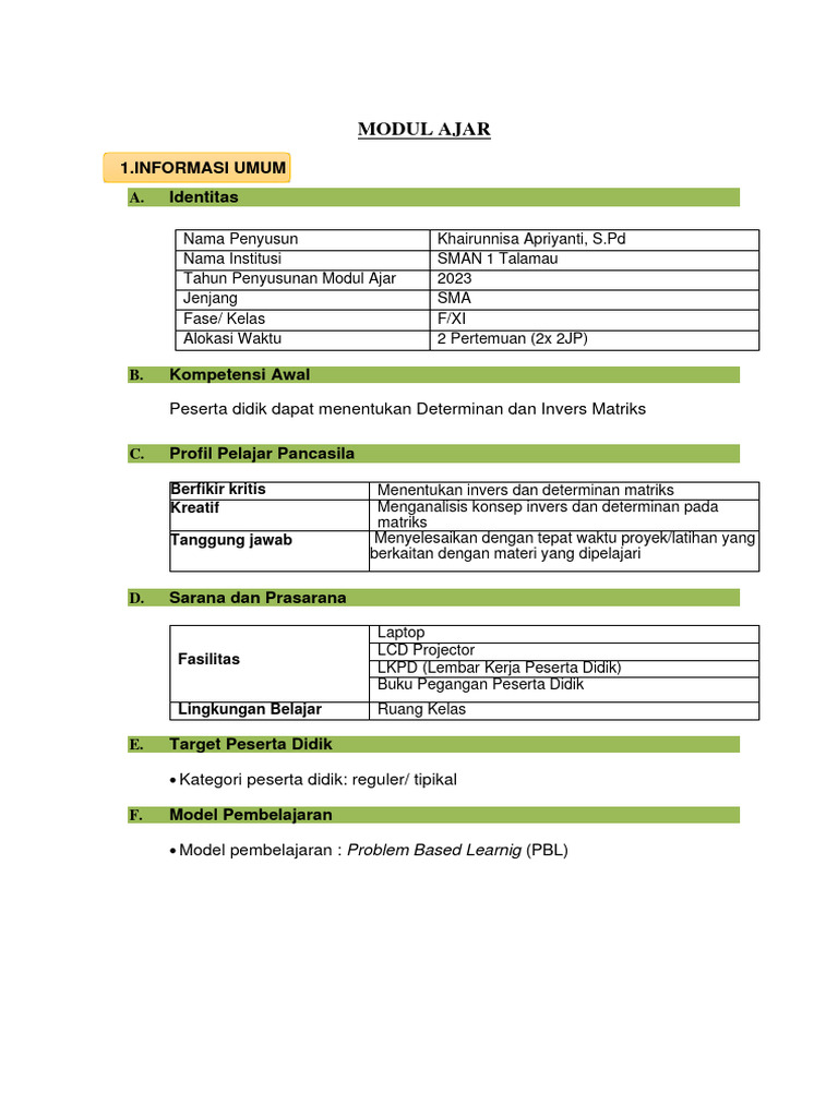 Modul Ajar Invers Matriks 2x2 | PDF