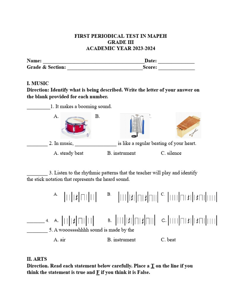 MAPEH Grade3 1st QUARTER EXAM 2023-2024 | PDF