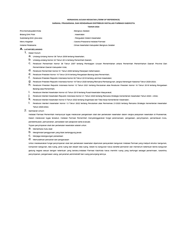 Contoh TOR Penataan Instalasi Farmasi Kab BS 2024 | PDF