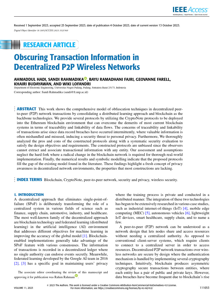 Obscuring Transaction Information in Decentralized P2P Wireless Networks | PDF | Peer To Peer ...