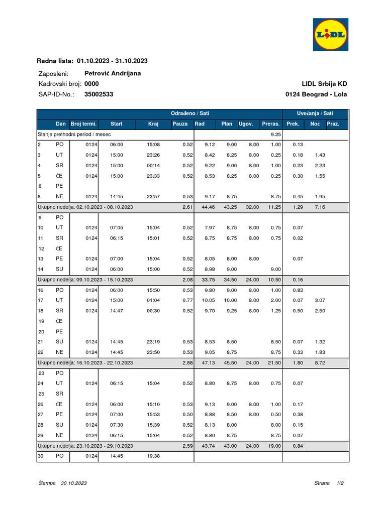 Zaposleni: Kadrovski Broj: SAP-ID-No. | PDF
