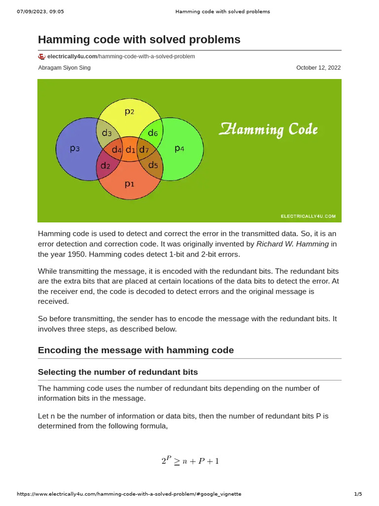 Hamming Code With Solved Problems | PDF