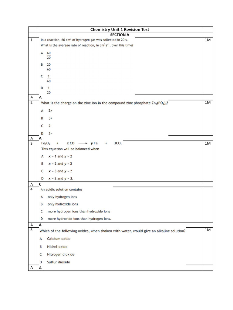 Chemistry Unit 1 Revision Test Sol | PDF