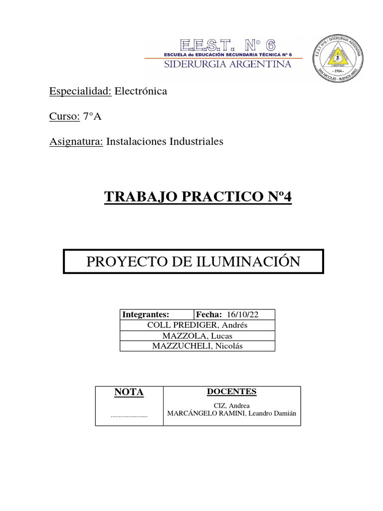 Trabajo Práctico N°4 - PROYECTO DE ILUMINACIÓN | PDF | Encendiendo | Ingenieria Eléctrica