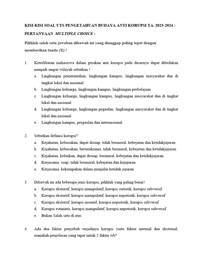 Kisi-Kisi Soal UTS PBAK TA. 2023-2024 | PDF