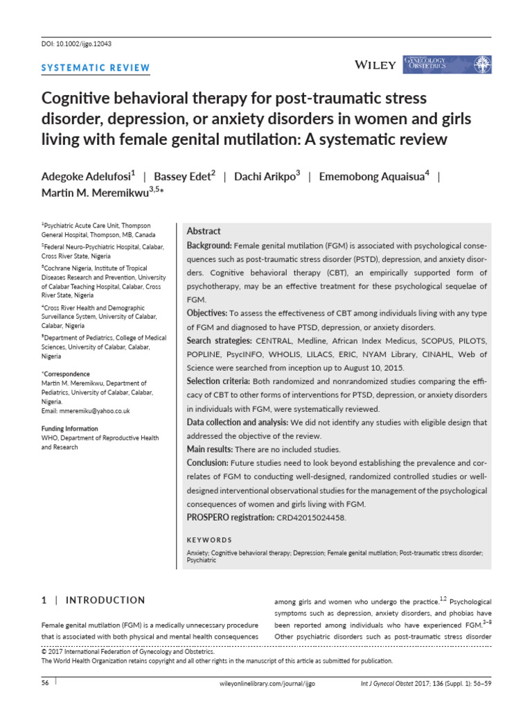 Intl J Gynecology Obste - 2017 - Adelufosi - Cognitive Behavioral Therapy For Post Traumatic ...