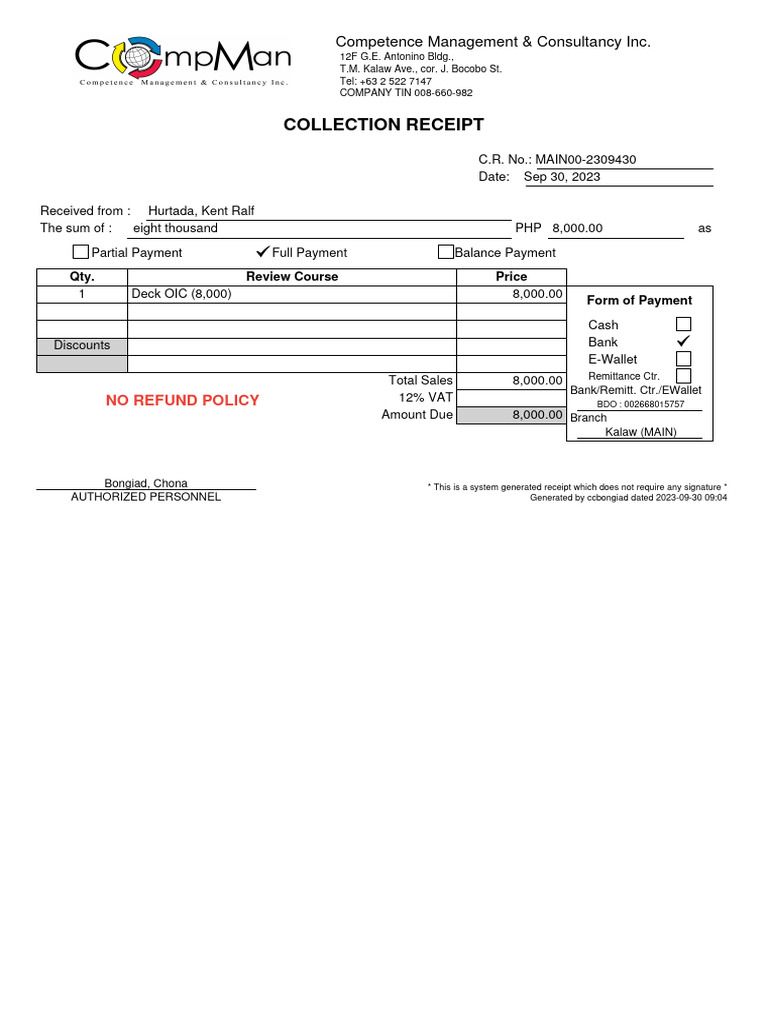 Collection Receipt: No Refund Policy | PDF
