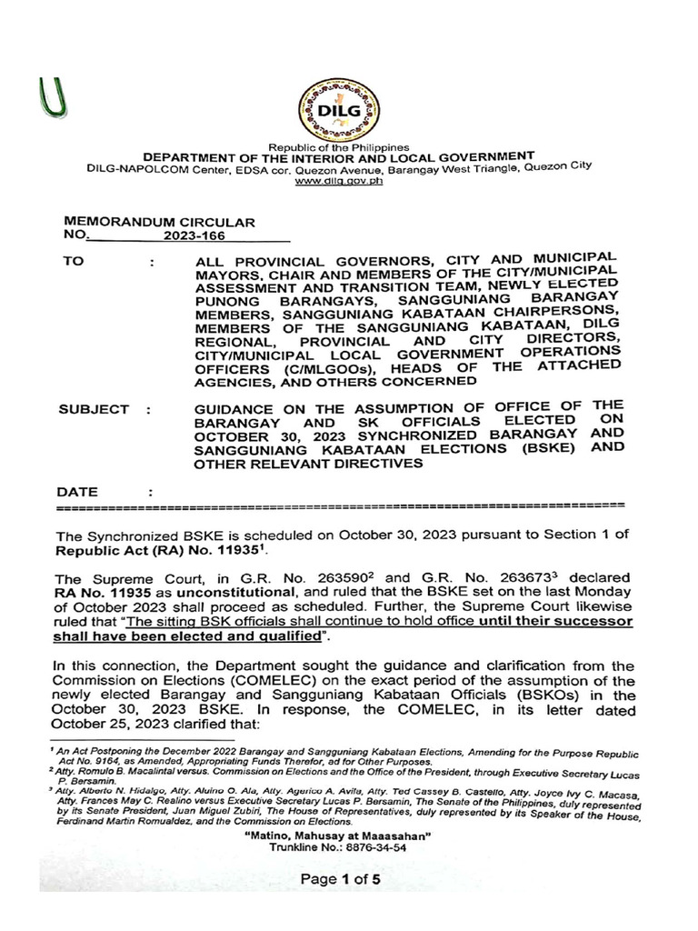 DILG MC2023 166 - Assumption To Office BSKE 2023 | PDF