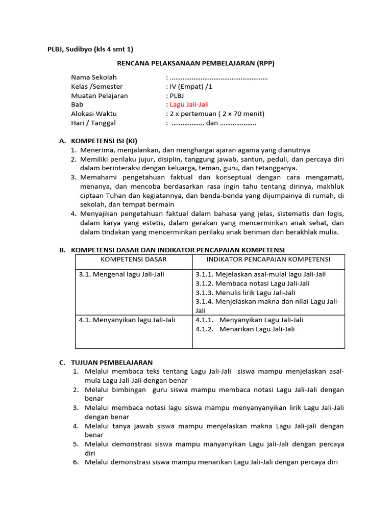 RPP PLBJ Kelas 4 Semester 1 | PDF
