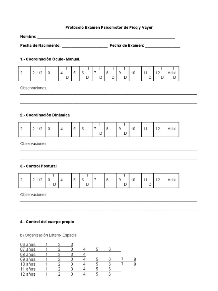Protocolo Examen Psicomotor de Picq y Vayer