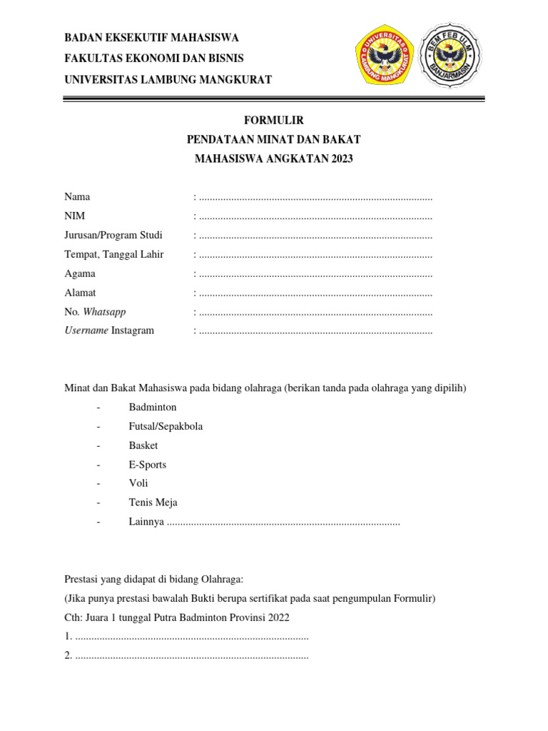 Formulir Pendataan Minat Dan Bakat | PDF