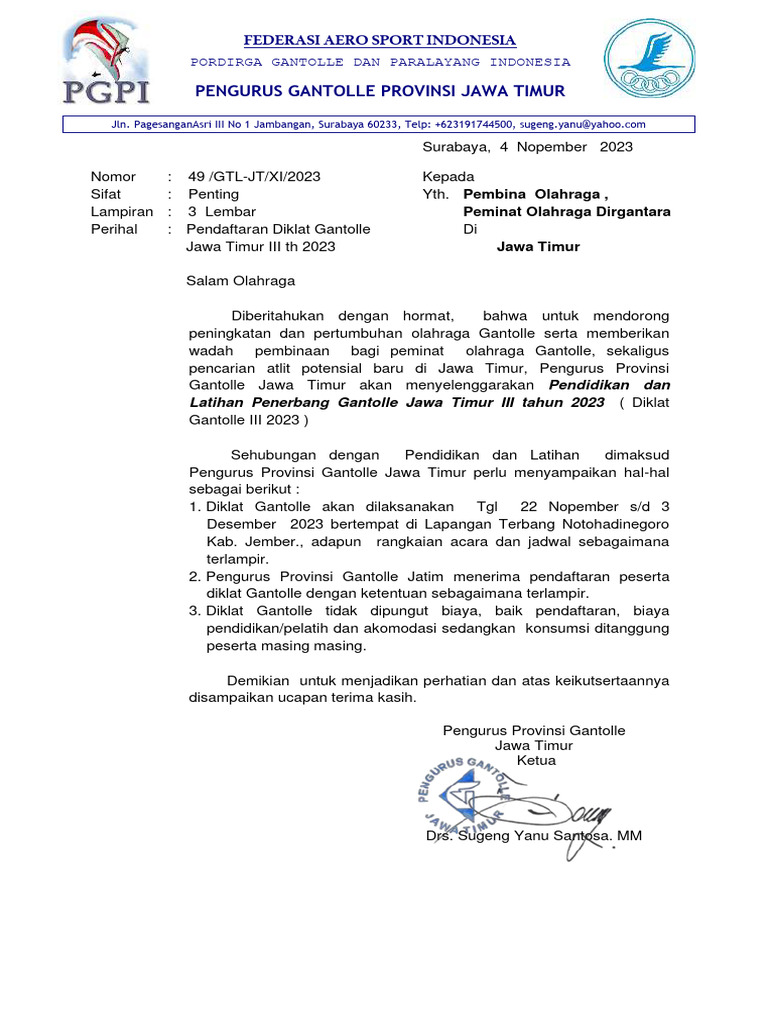 Surat Edaran Diklat Gantolle Jatim Iii Tahun 2023 | PDF