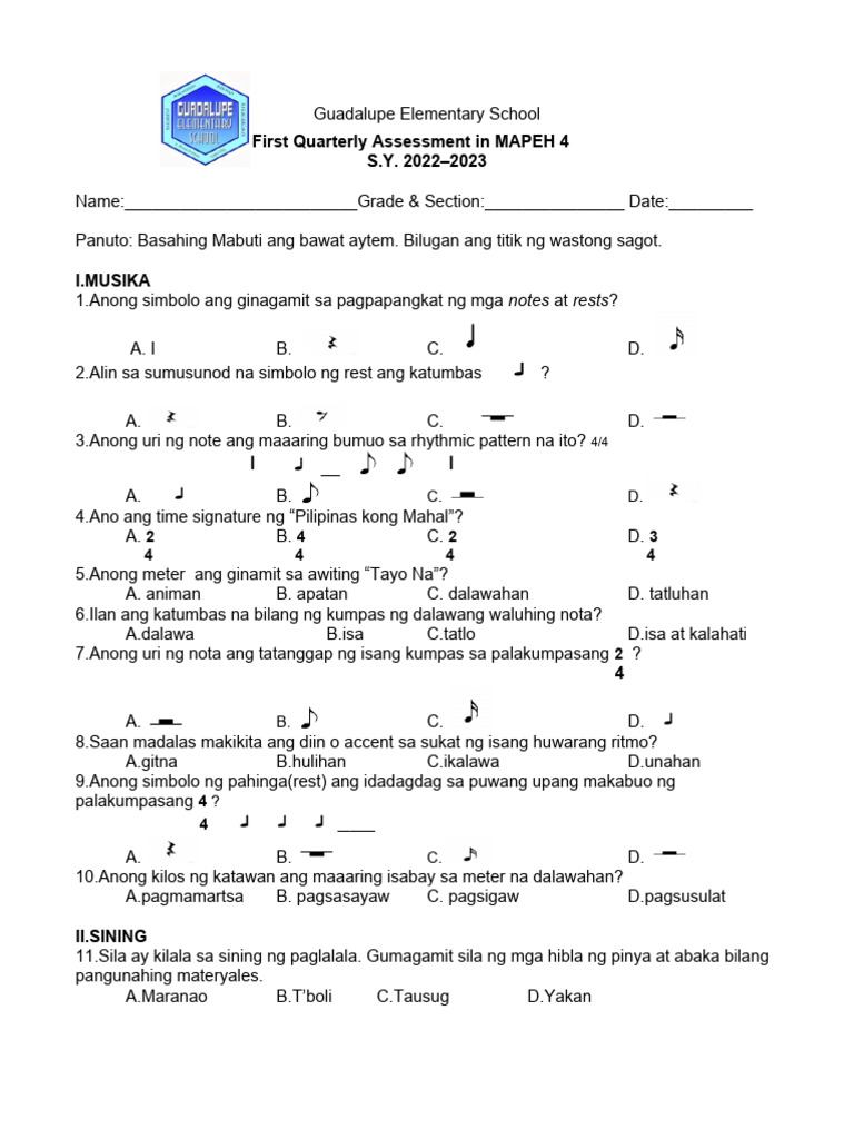 MAPEH 4 TQs 1st Quarter | PDF