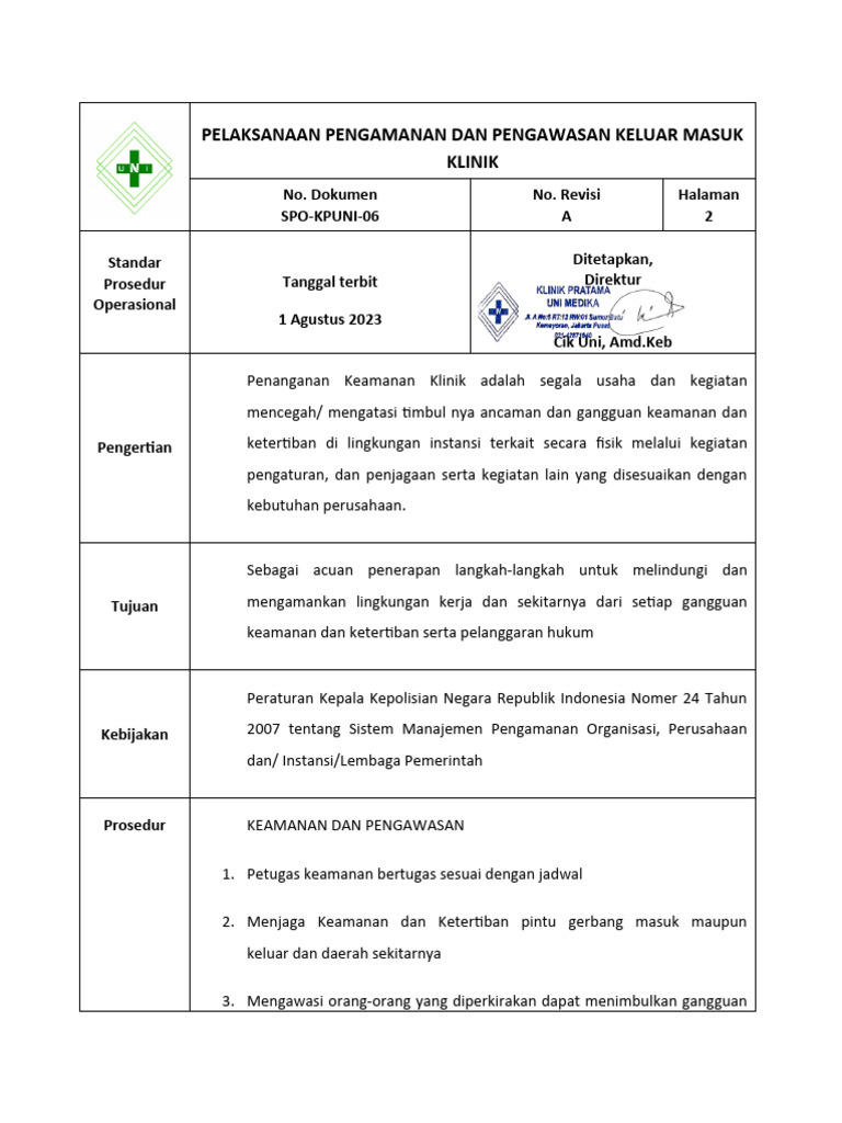 Spo - 06 Pelaksanaan Pengamanan Dan Pengawasan Keluar Masuk Klinik | PDF Spo - 06 Pelaksanaan Pengamanan Dan Pengawasan Keluar Masuk Klinik | PDF