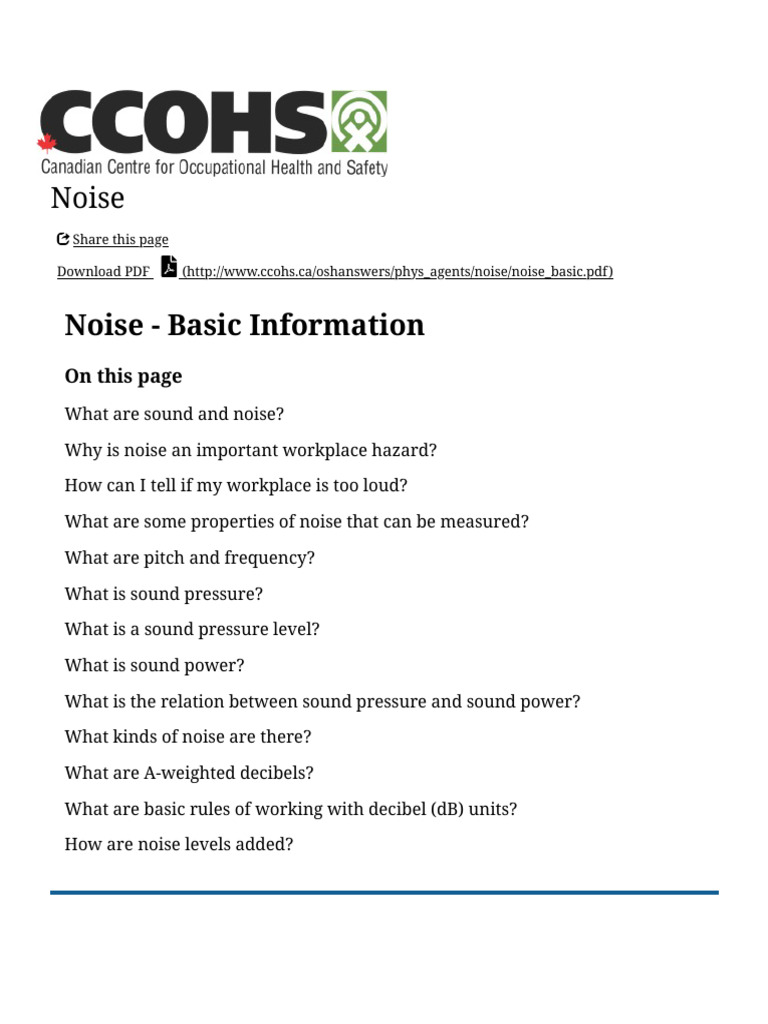 CCOHS - Noise - Basic Information | PDF