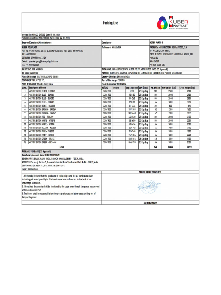 Packing List Proplasa | PDF