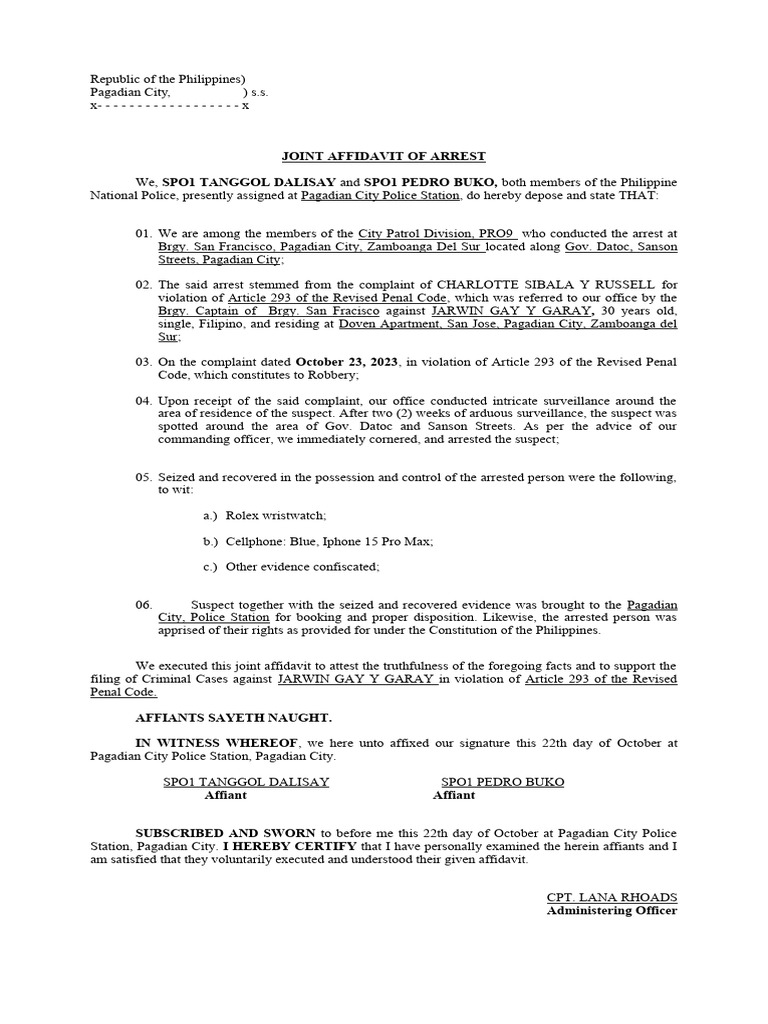 Sample of Affidavit of Arresting Officers 2 1 | PDF | Affidavit ...