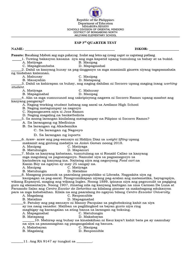 3rd Quarter ESP-2023 | PDF