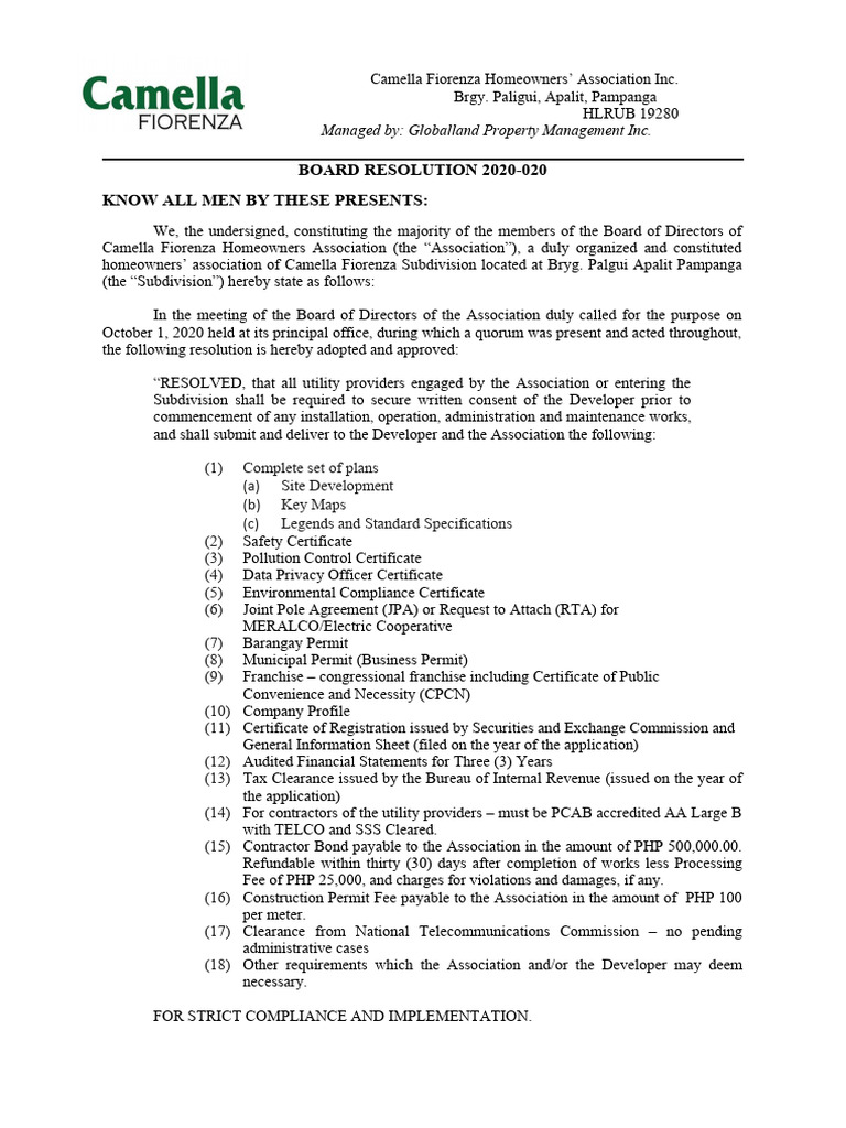 Board Resolution - For Hoa Internet Service Provider 2020-020 | PDF