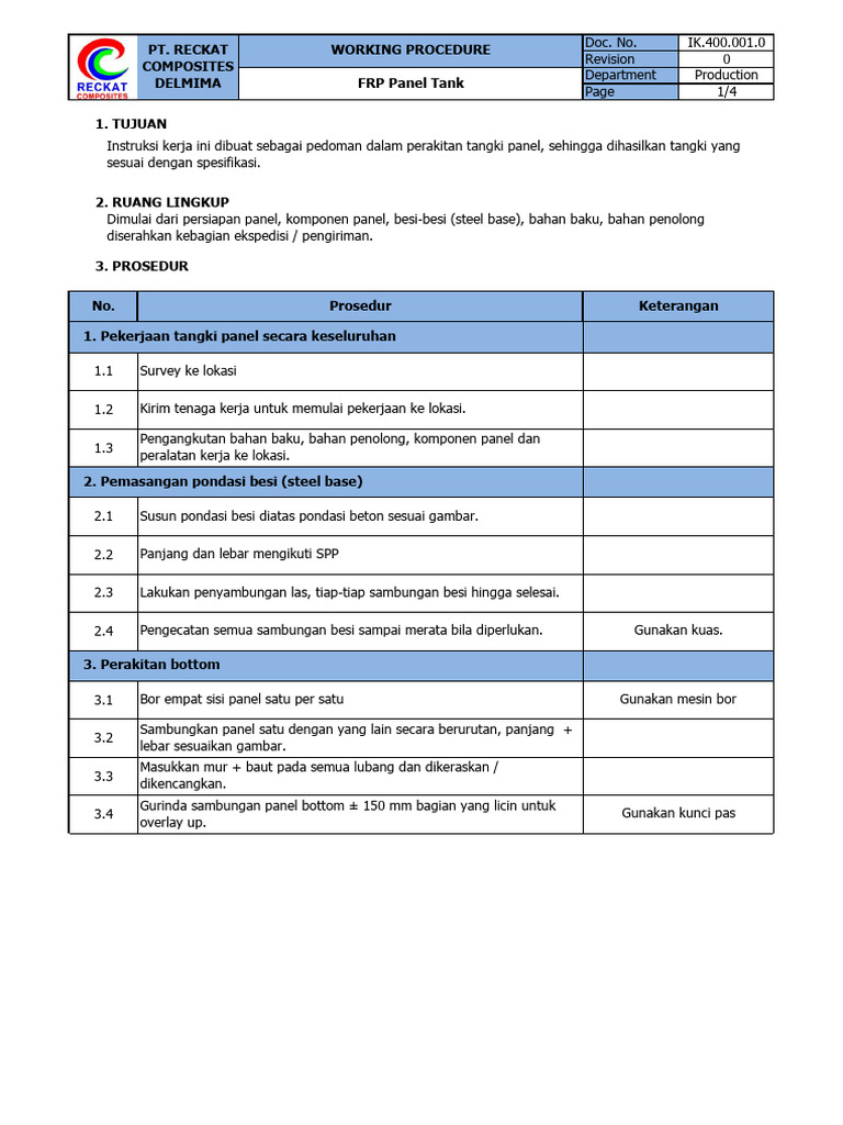 Procedure Instalasi FRP Panel Tank (1) | PDF
