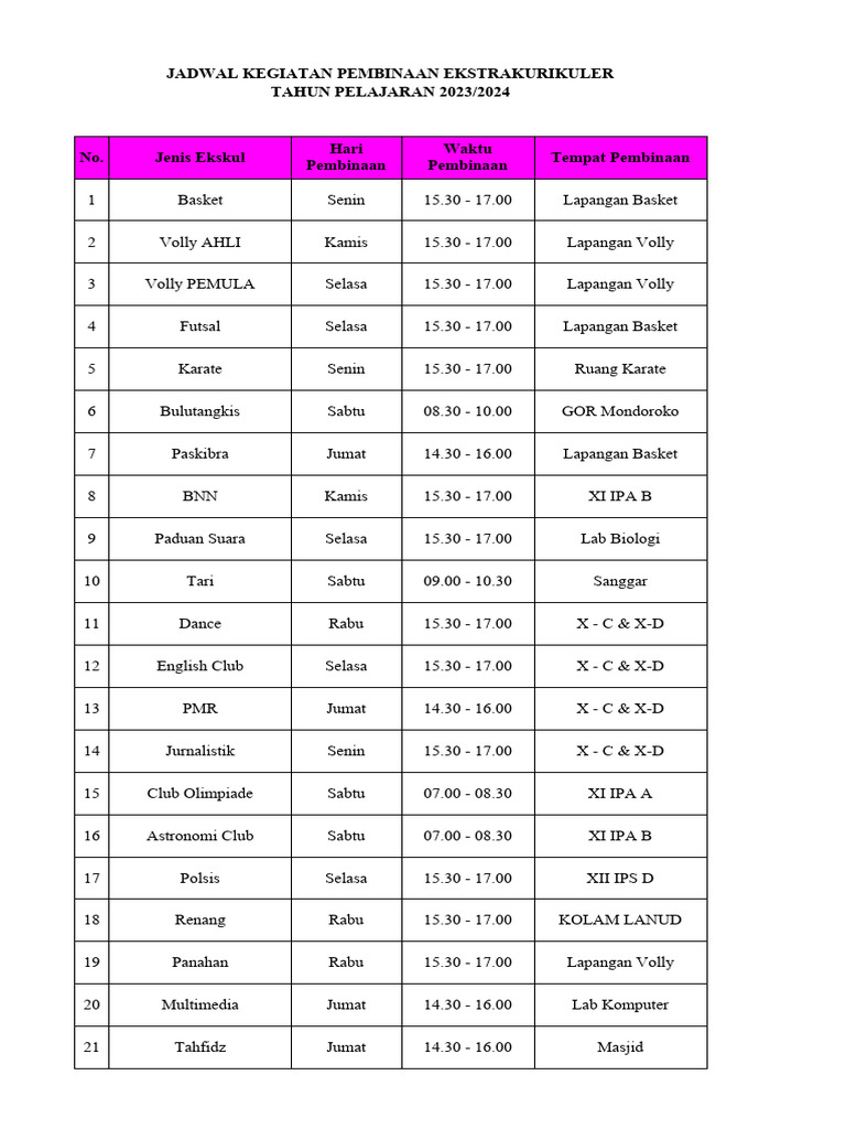 Jadwal Ekstrakurikuler 2023/2024 | PDF