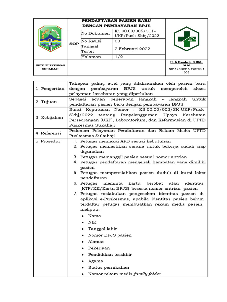 Pendaftaran Pasien Baru BPJS SOP | PDF