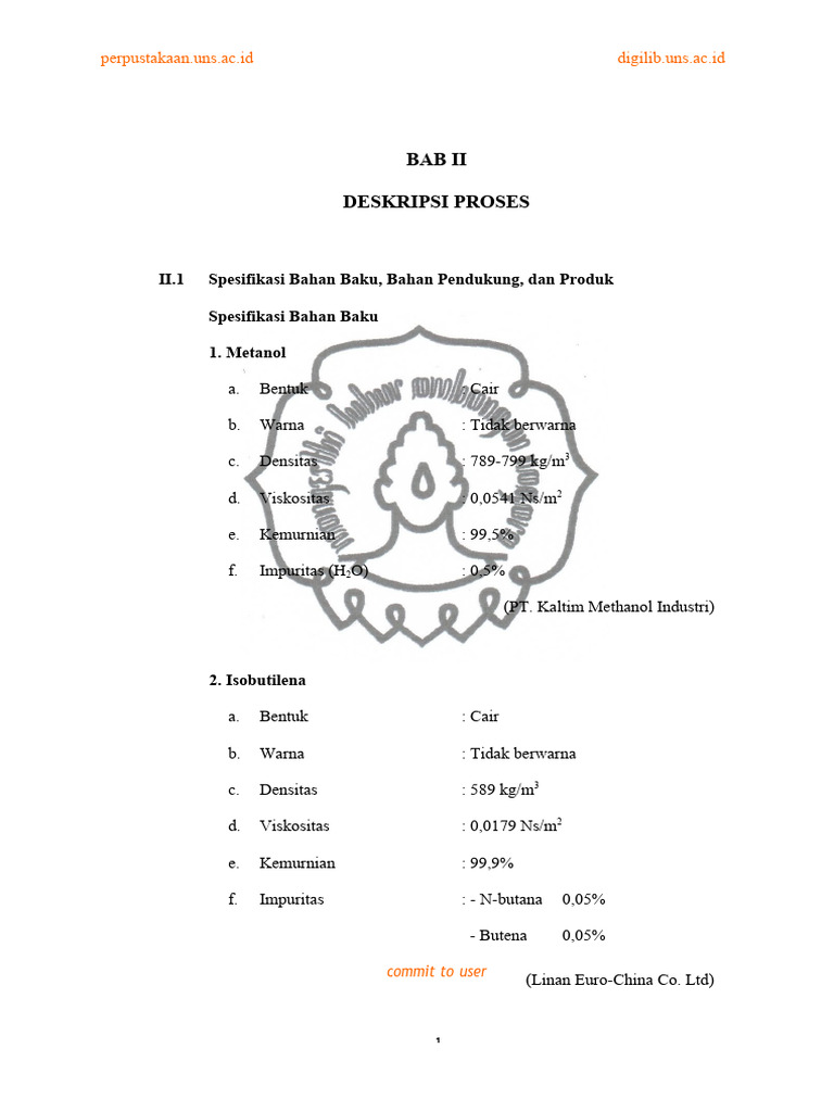 Prarancangan Pabrik Metil Tersier Butil Eter Dari Metanol Dan Isobutilena Kapasitas 60000 Ton ...