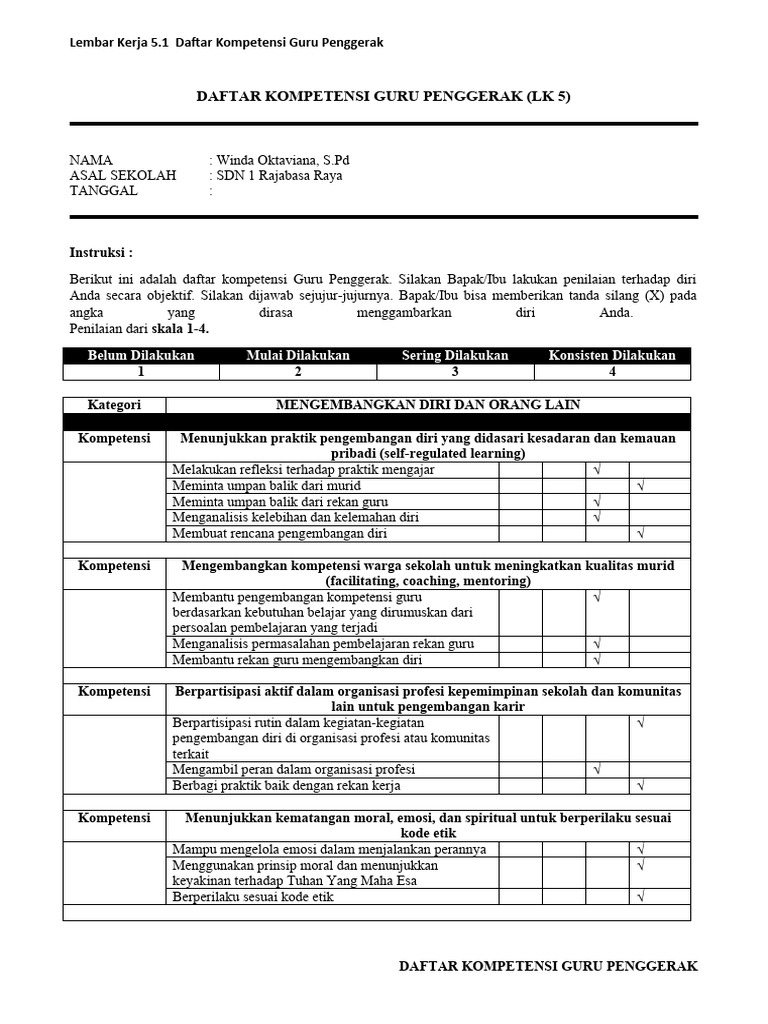 Lembar Kerja 5.1 Daftar Kompetensi Guru Penggerak | PDF
