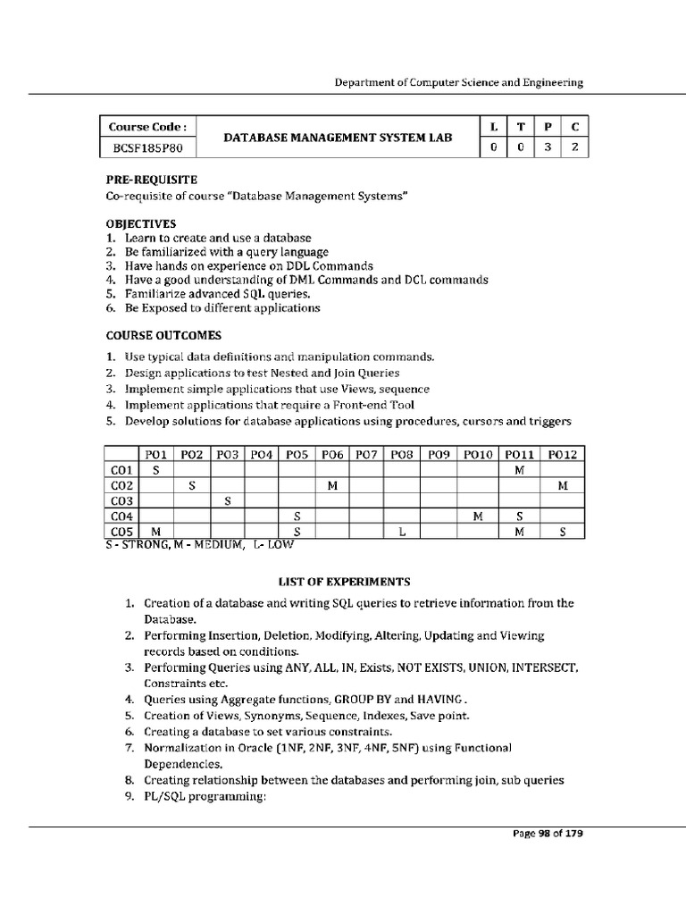 DBMS Lab Syllabus | PDF