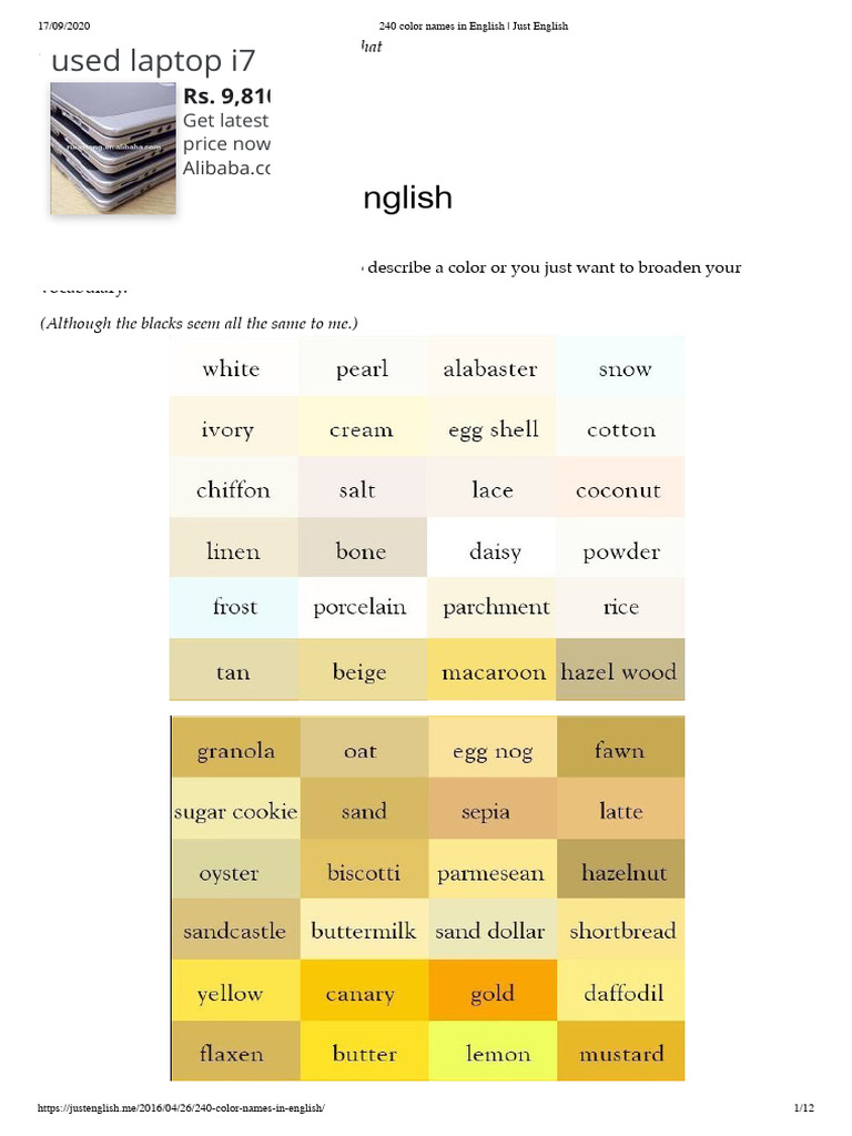 240 Color Names In English Just English Pdf Color Graphic Design