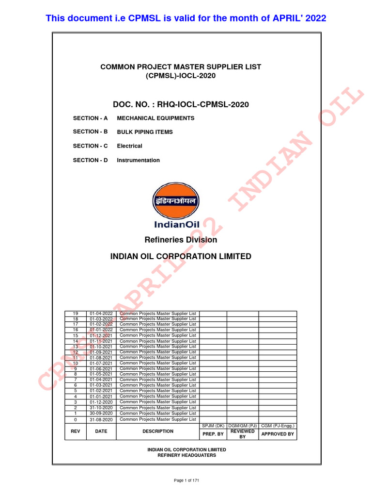 IOCL MasterSupplierList 01.04.2022 2022 04 26 11 - 20 - 41 | PDF | Pipe (Fluid Conveyance ...