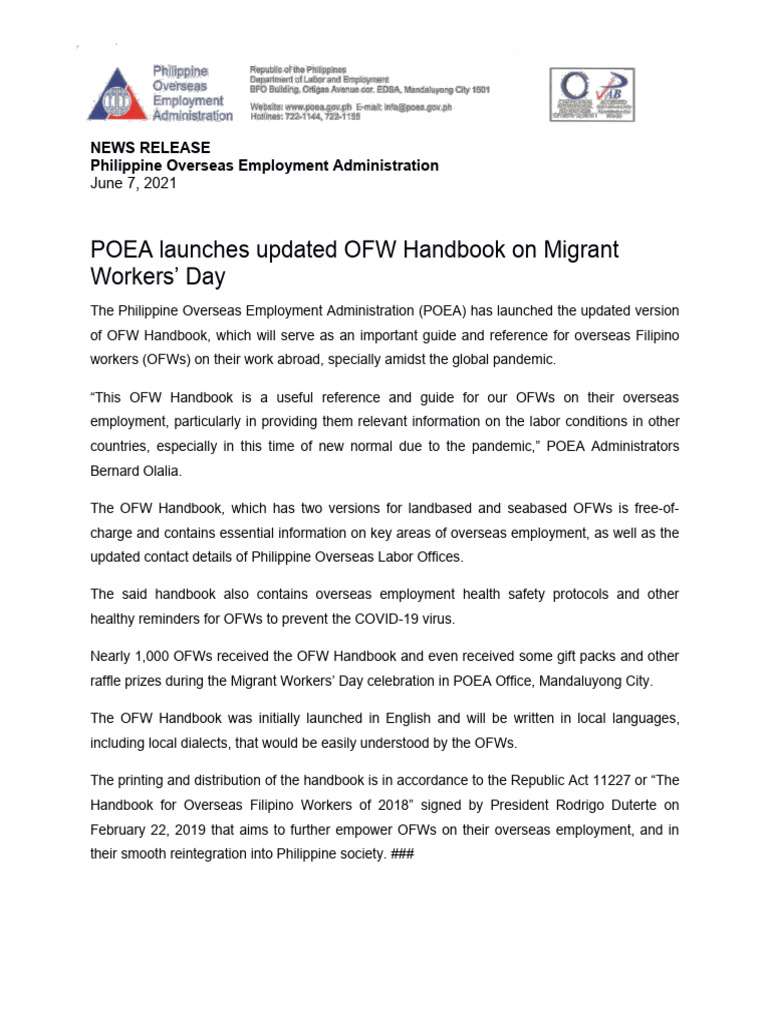 Updated OFW Handbook Launch Announcement | PDF
